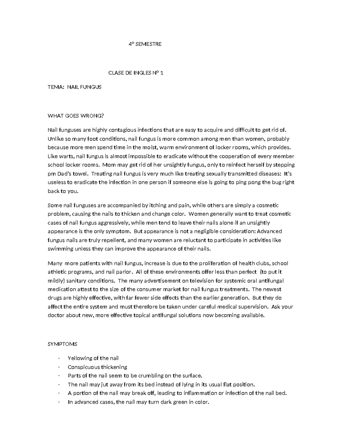 4° Semestre - Clase de Inglés 1: Nail Fungus Overview & Treatment - Studocu