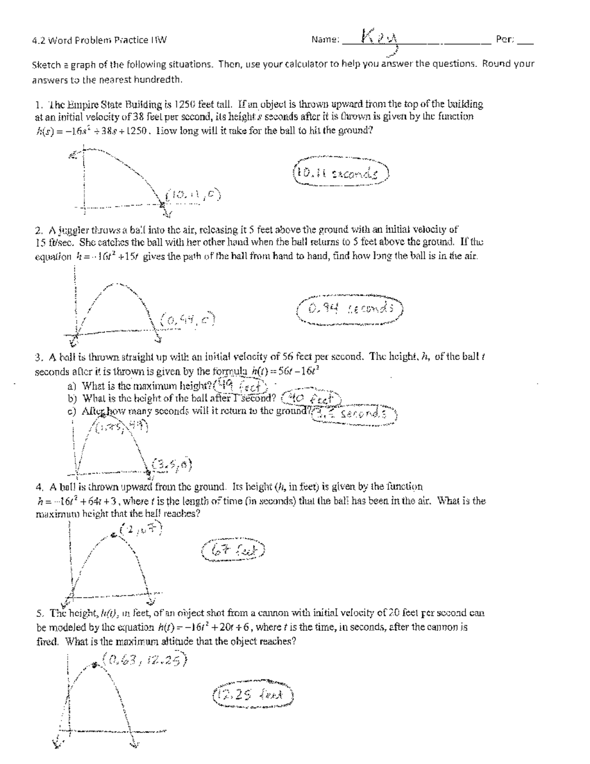 4.2 Word Problem Practice HW Solutions: Graphing Heights and Times ...