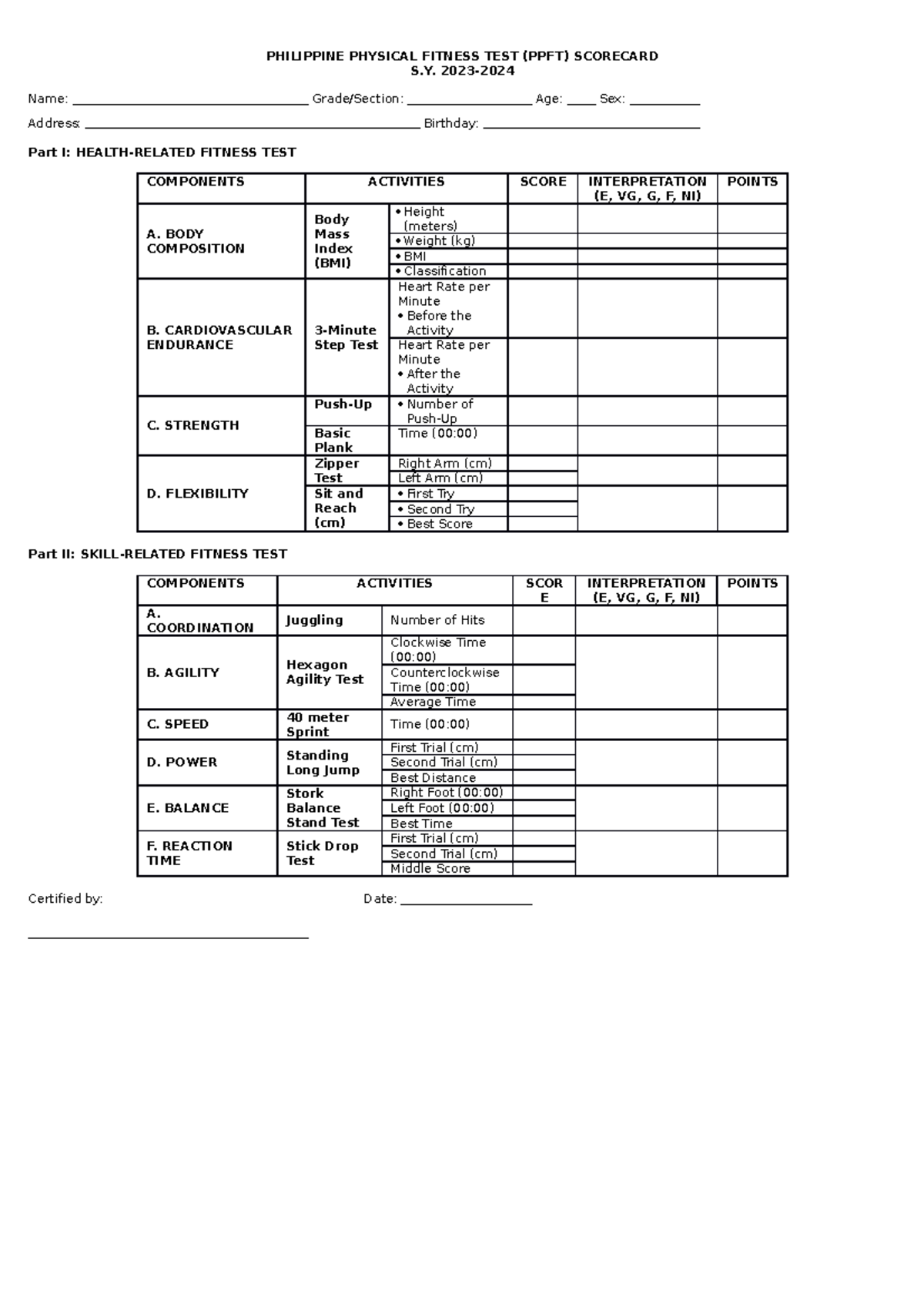 PFT- ScoreCARD: Philippine Physical Fitness Test S.Y. 2023 - Studocu