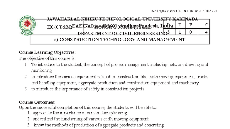 R20 - CE - Syllabus for Construction Technology & Management - Studocu