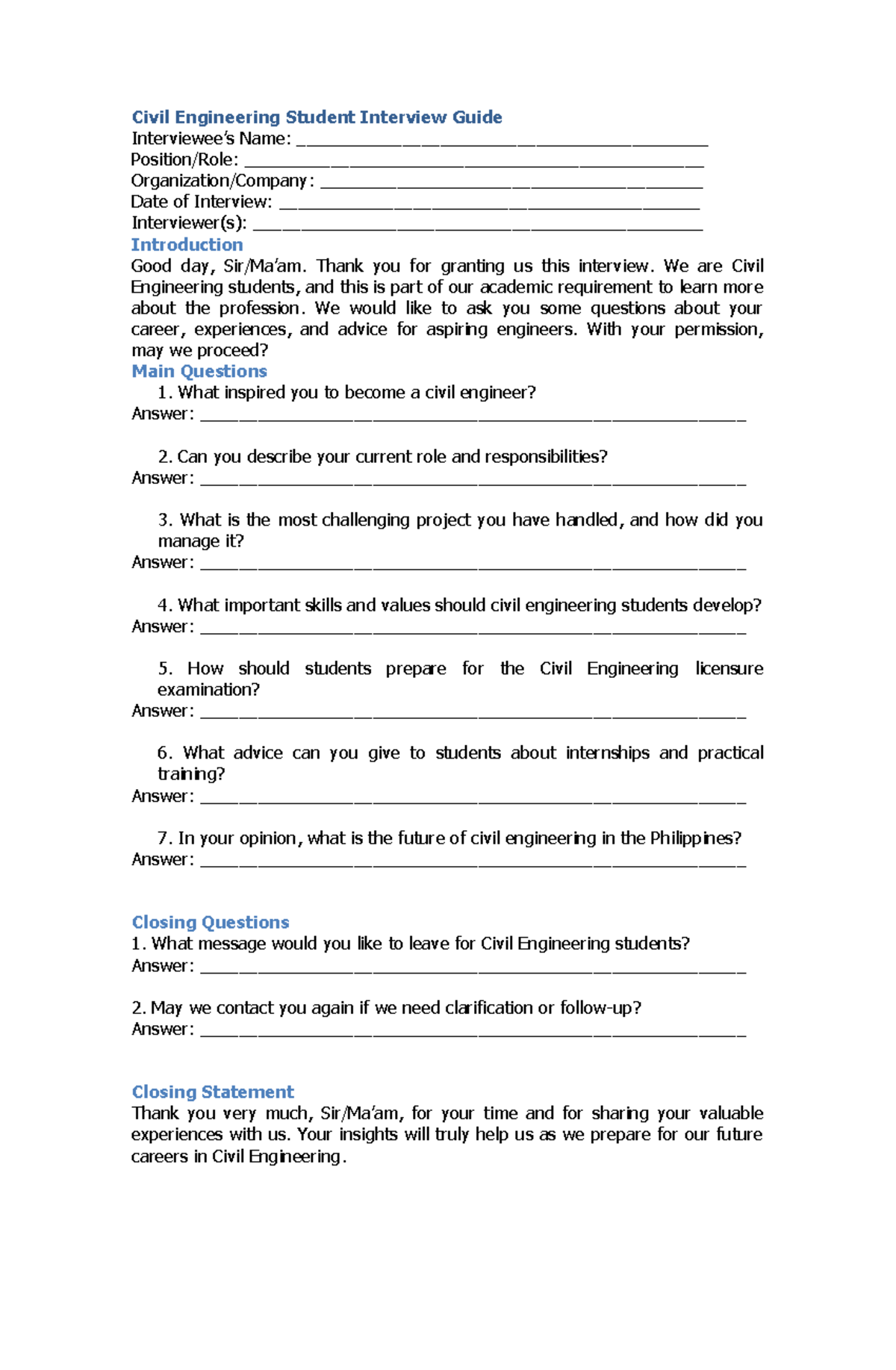 Civil Engineering Interview Guide for Students (CE 101) - Studocu