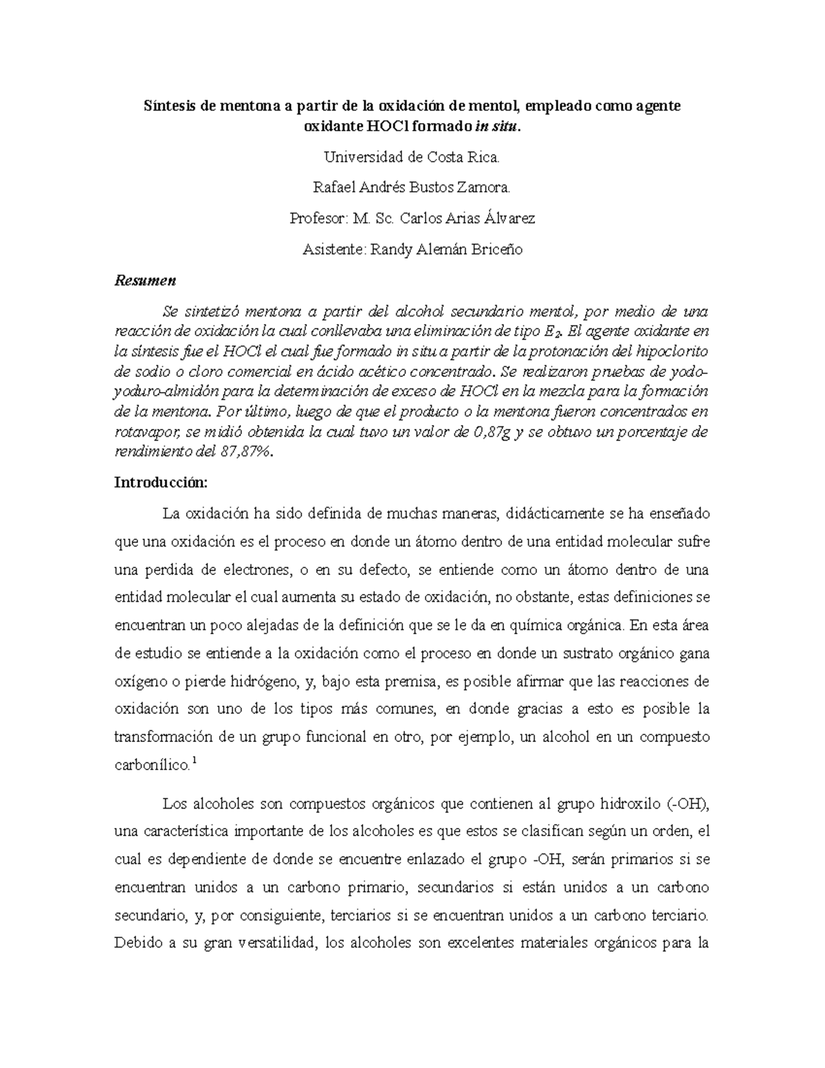 Síntesis de Mentona a través de la Oxidación de Alcoholes (Química ...