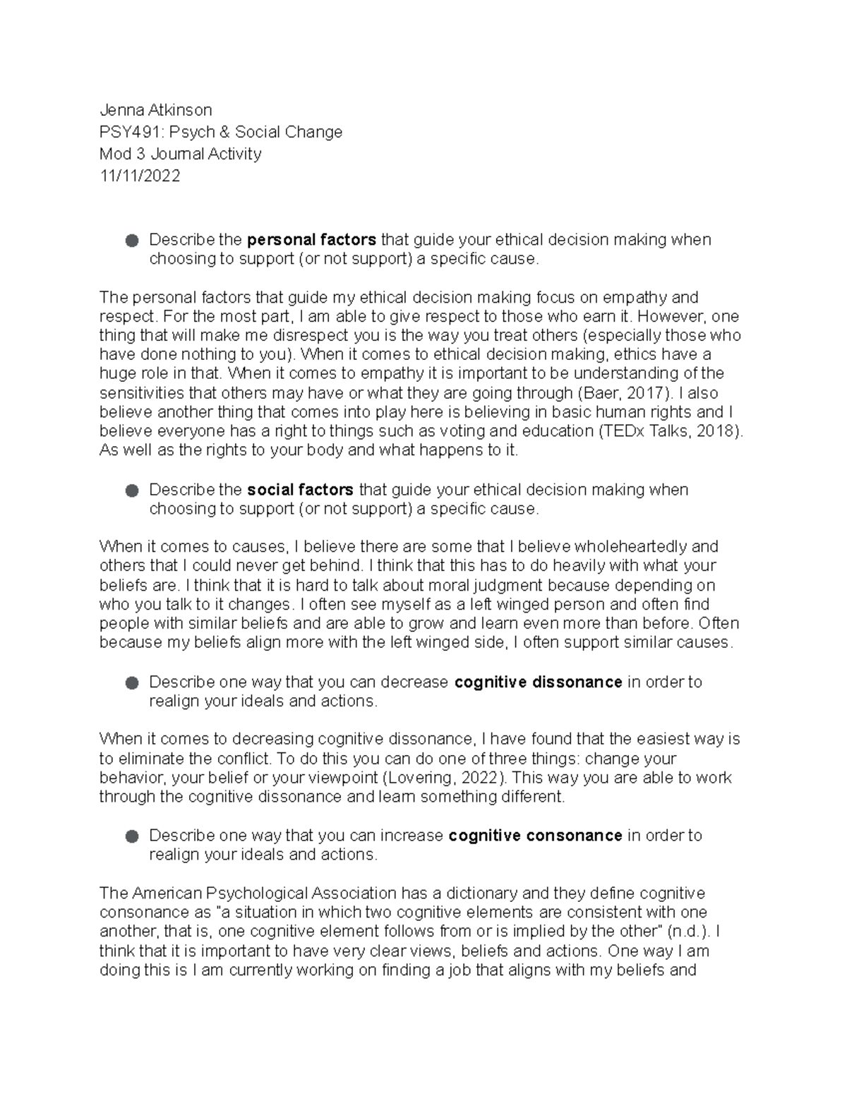 Mod 3 Journal - Grade: A - Jenna Atkinson PSY491: Psych & Social Change ...