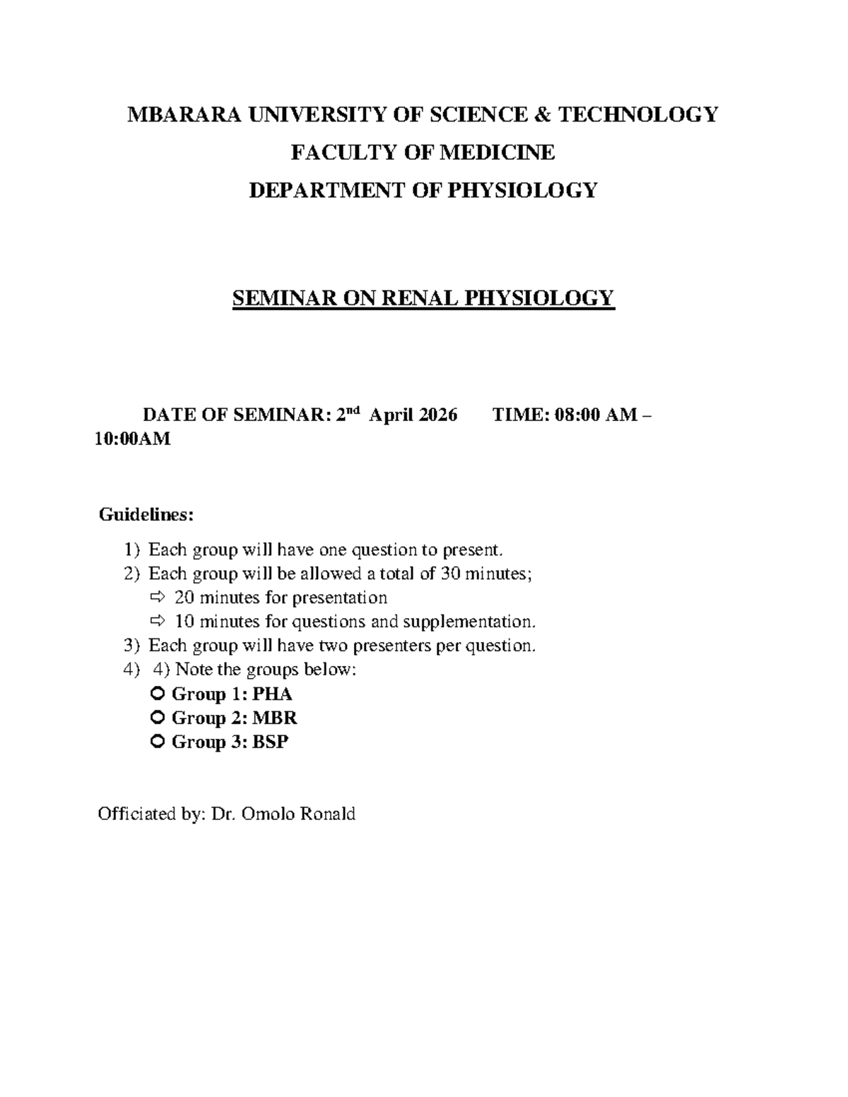 2026 Seminar on Renal Physiology - MBR PHA BSP Groups - Studocu