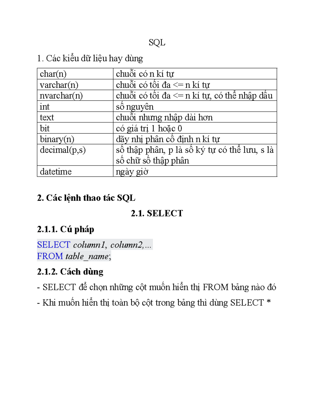 CSDL101 - Tài liệu ôn tập SQL: Kiểu dữ liệu và các lệnh cơ bản - Studocu
