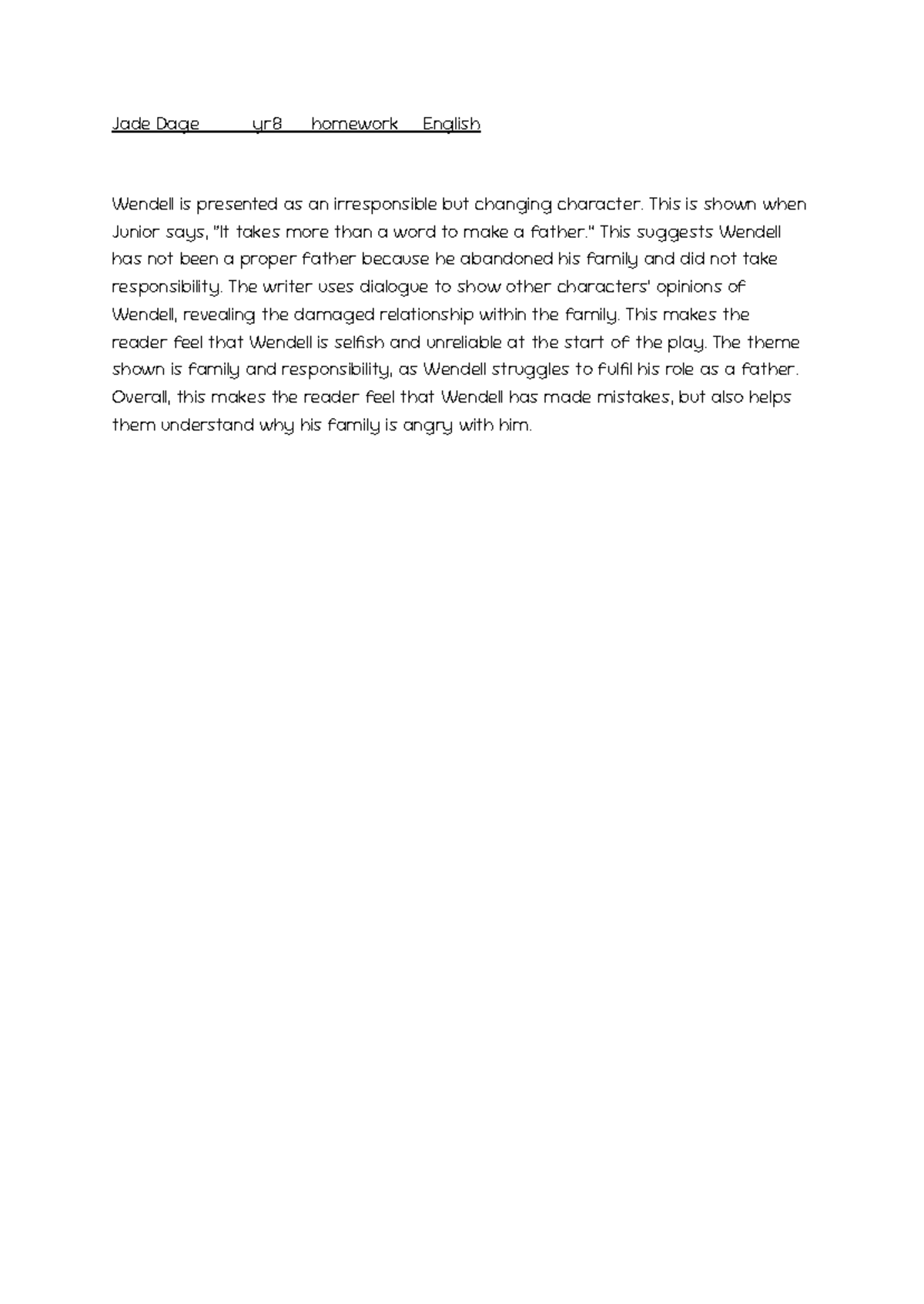 Yr8 English Essay: Analyzing Wendell's Character Development - Studocu