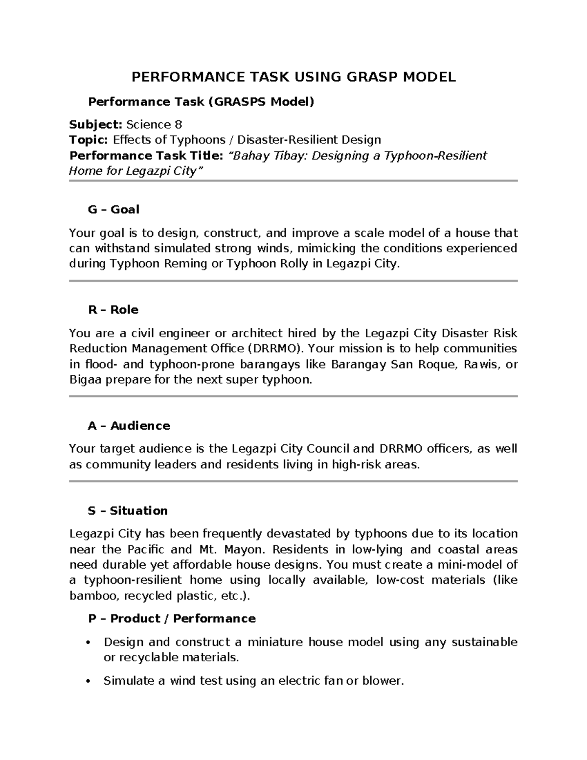 Performance Task: Designing Typhoon-Resilient Homes (Science 8) - Studocu