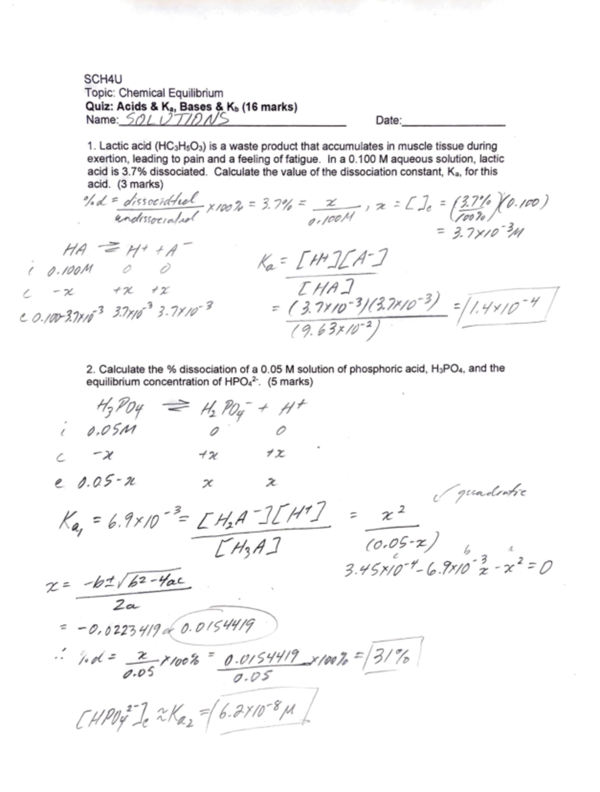 SCH4U: Chemical Equilibrium Quiz Solutions on Acids & Kb - Studocu