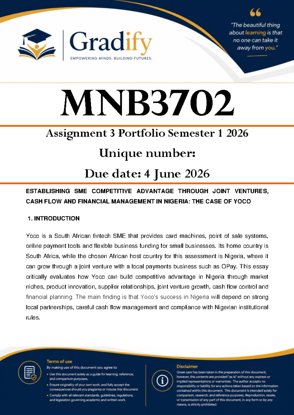 MNB3702 Assignment 3 Portfolio: SME Competitive Advantage in Nigeria ...