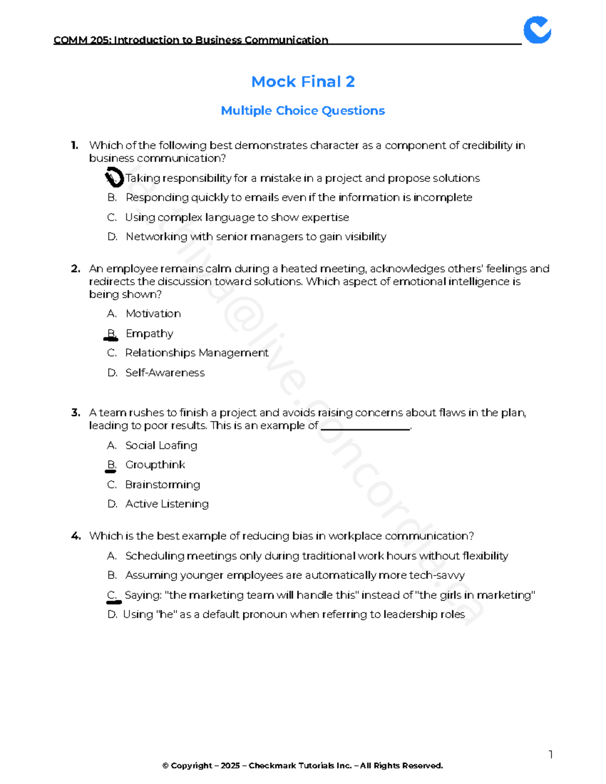 COMM 205: Mock Final Exam 2 - Business Communication Concepts - Studocu