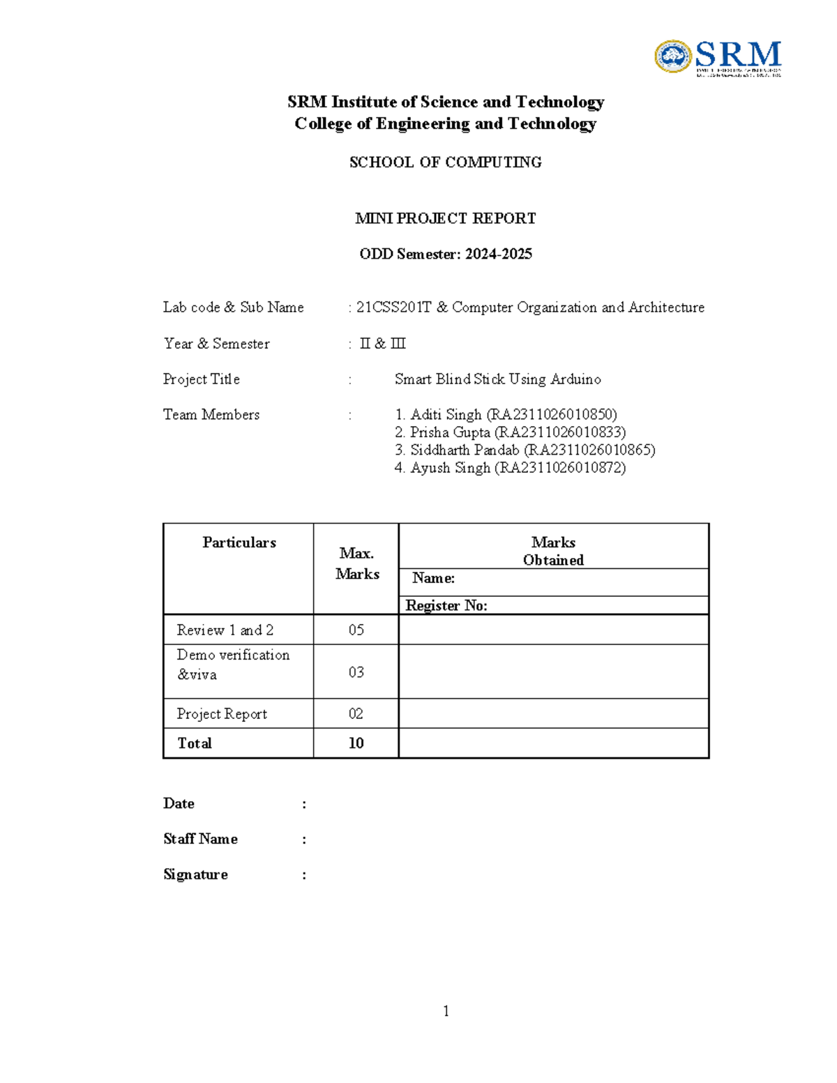 Smart Blind Stick Mini Project Report (21CSS201T) - SRM 2024 - Studocu