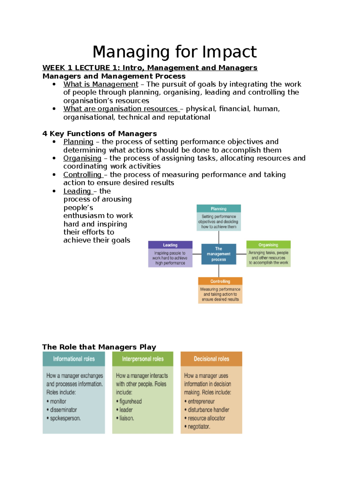 Managing for Impact: Lecture Notes from Weeks 1-6 - Studocu