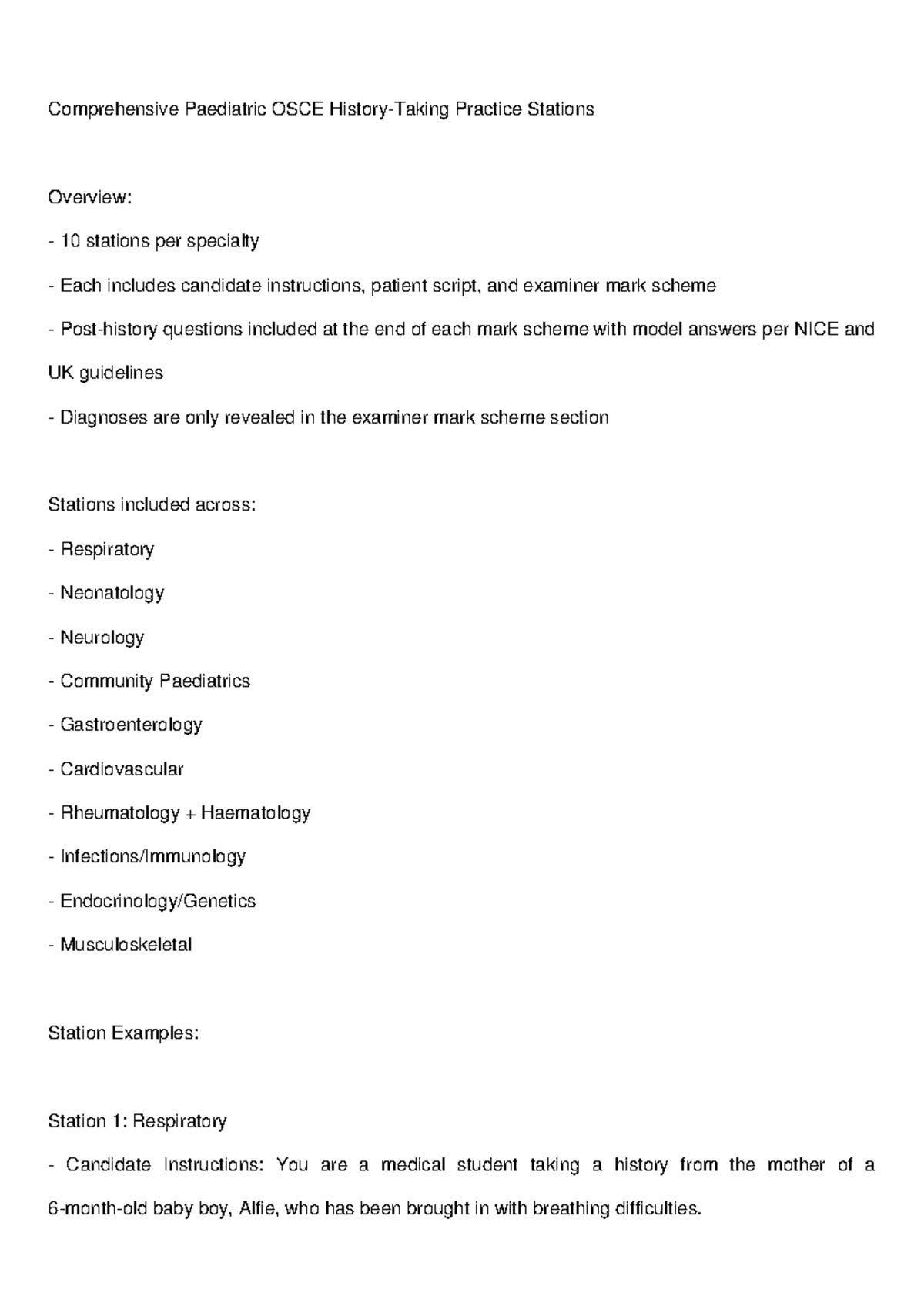 Paediatric OSCE Practice Stations Overview: 10 Specialty Stations - Studocu