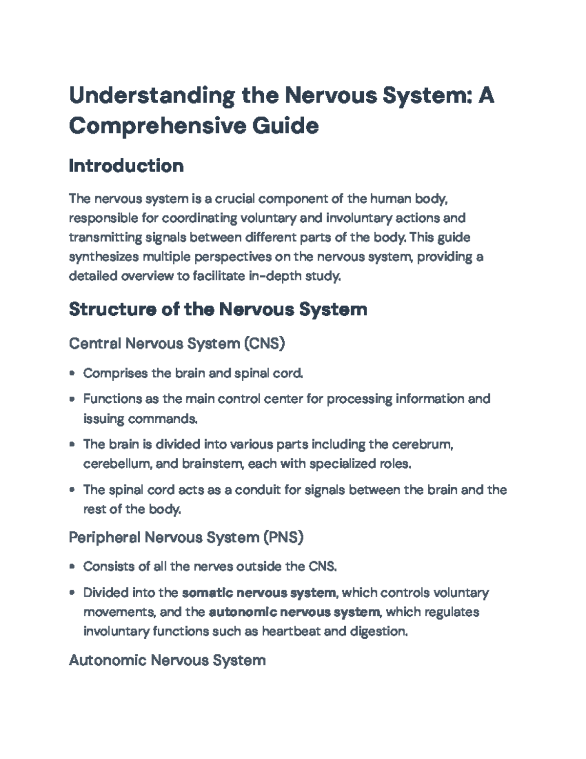 Nervous System Overview: Structure, Functions & Disorders Guide - Studocu