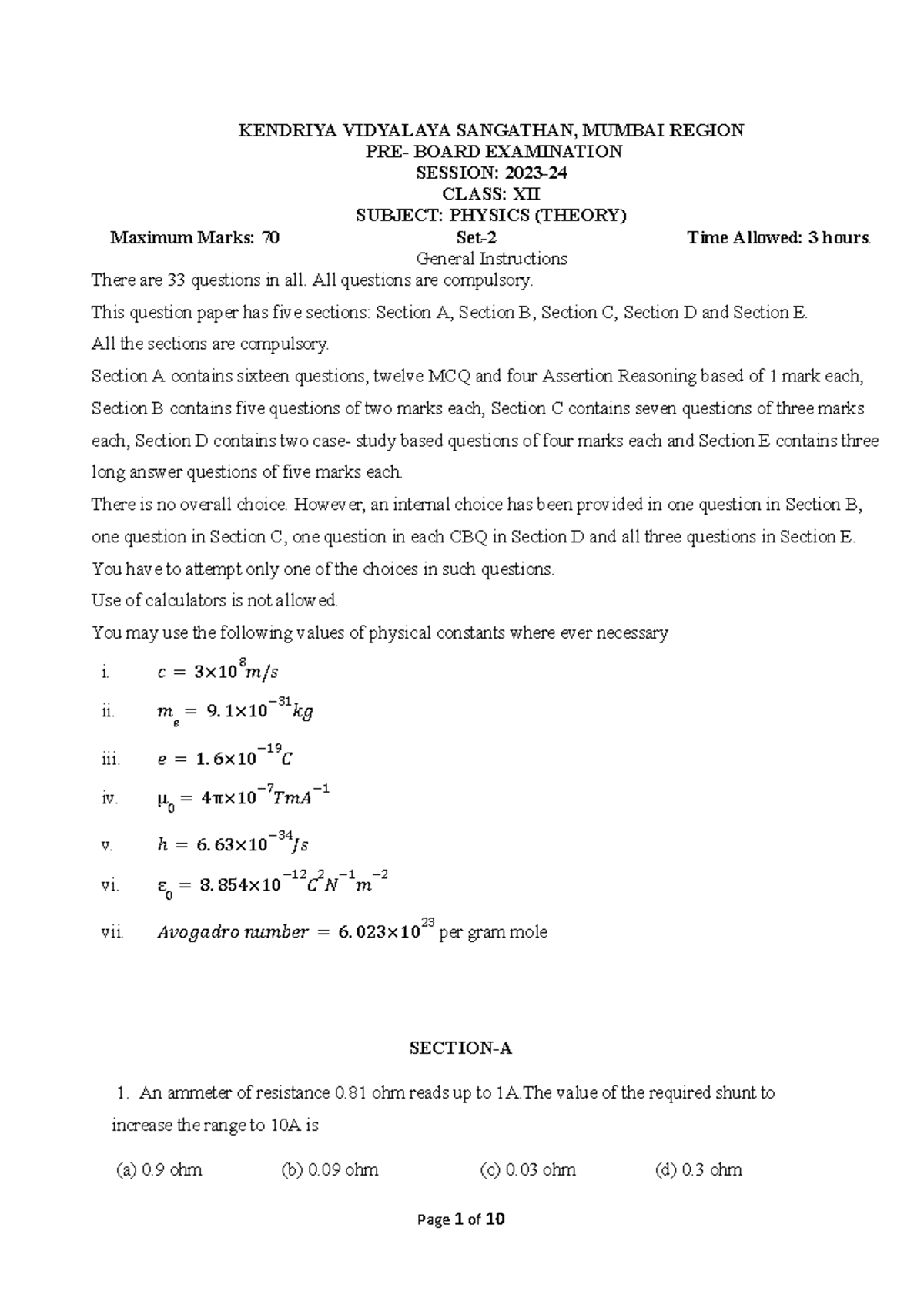 Class XII Physics Sample Paper - Board Exam 2023 - Studocu