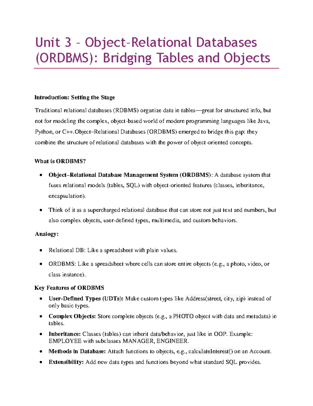 Unit 3: ORDBMS - Bridging Tables and Objects Overview - Studocu