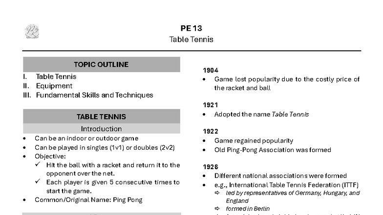 PE 13 - Comprehensive Overview of Table Tennis History and Skills - Studocu