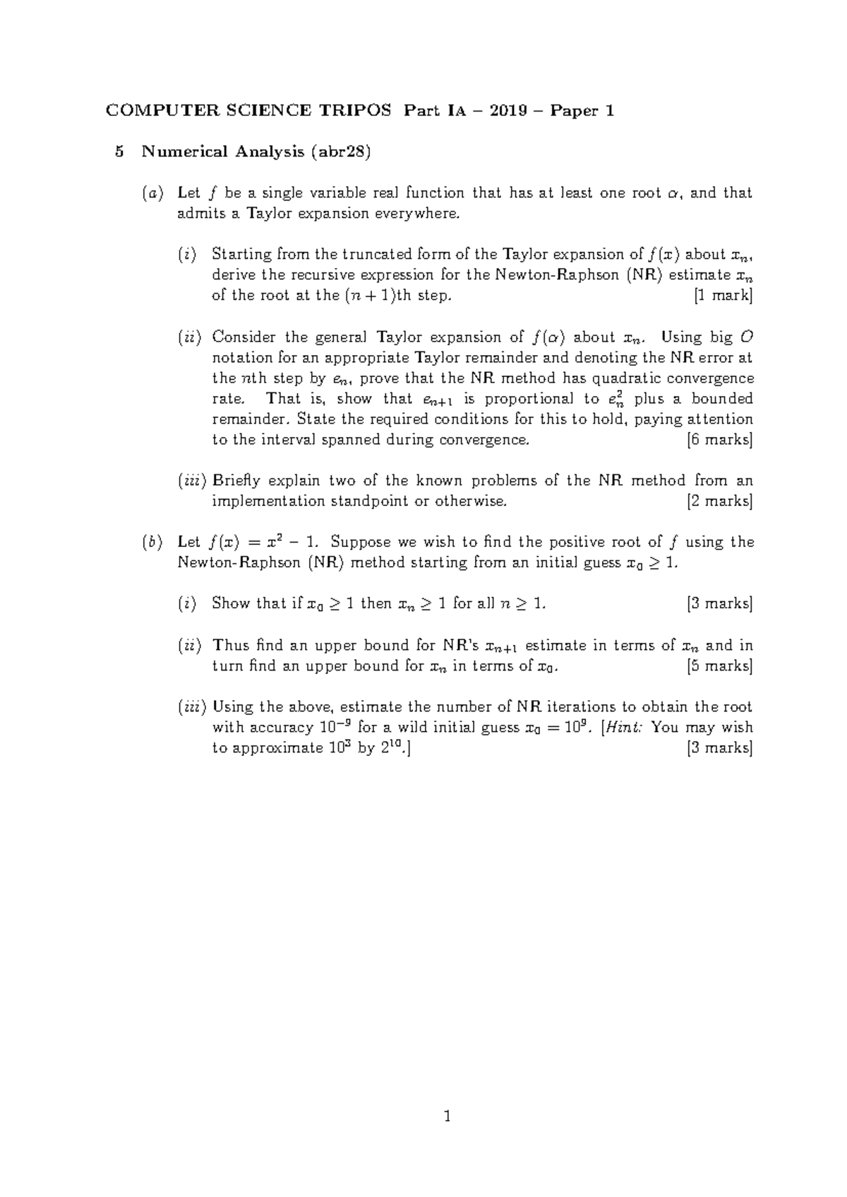 COMPUTER SCIENCE TRIPOS Part IA 2019 Paper 1: Numerical Analysis ...