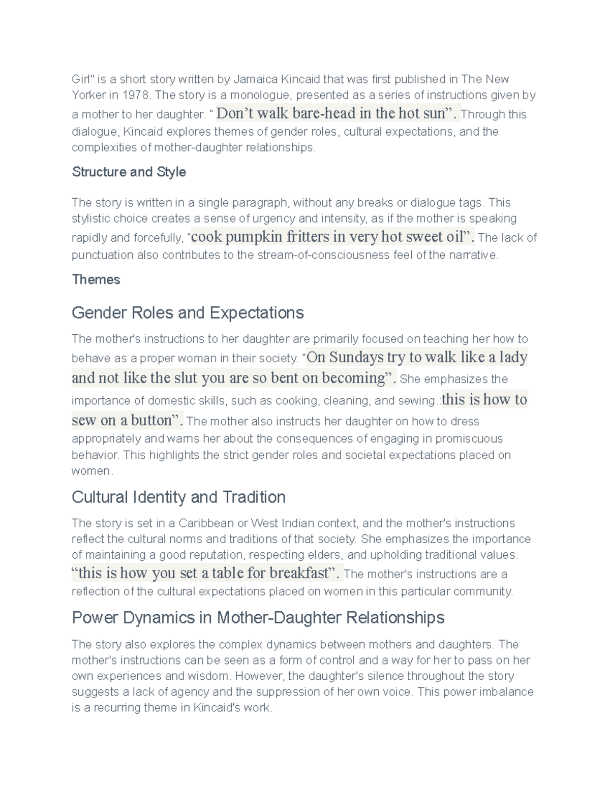 Girl Jamaica Kincaid - Girl" is a short story written by Jamaica ...