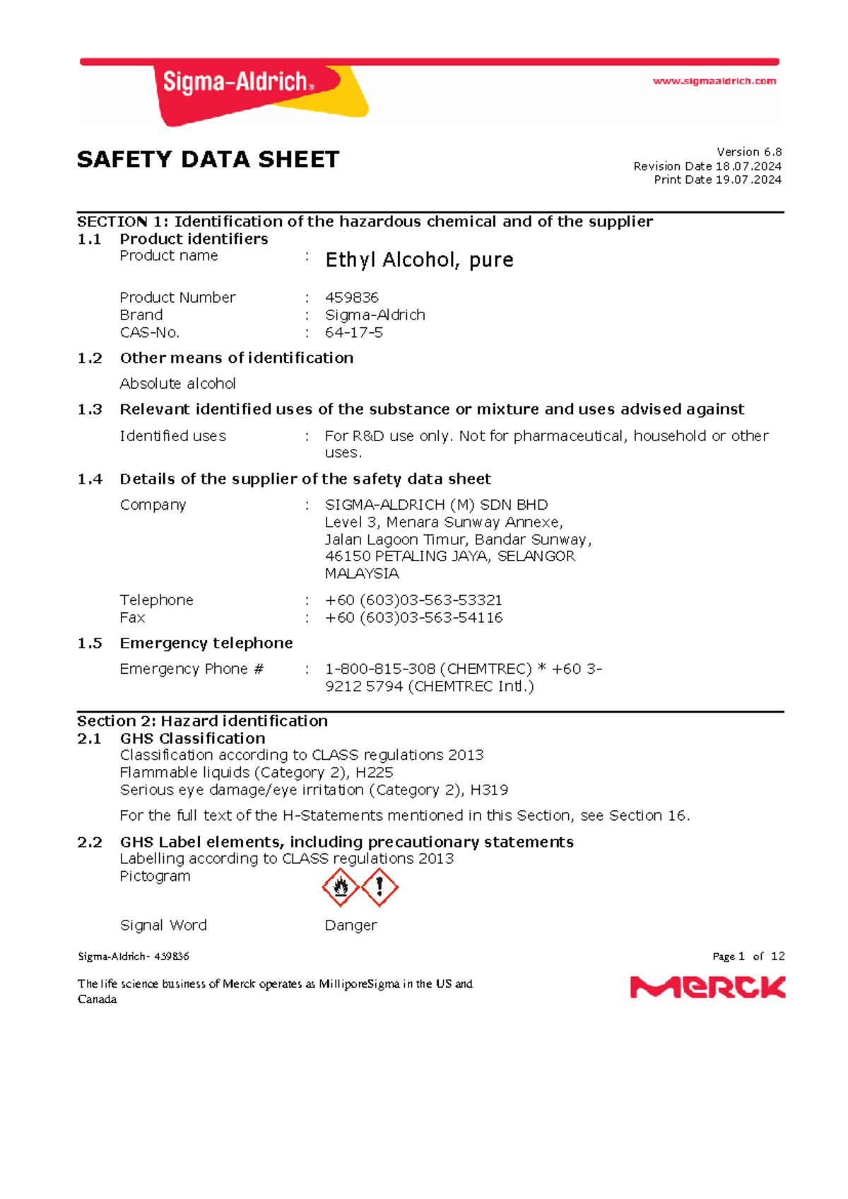 Ethanol SDS (Safety Data Sheet) - Version 6.8 - Studocu