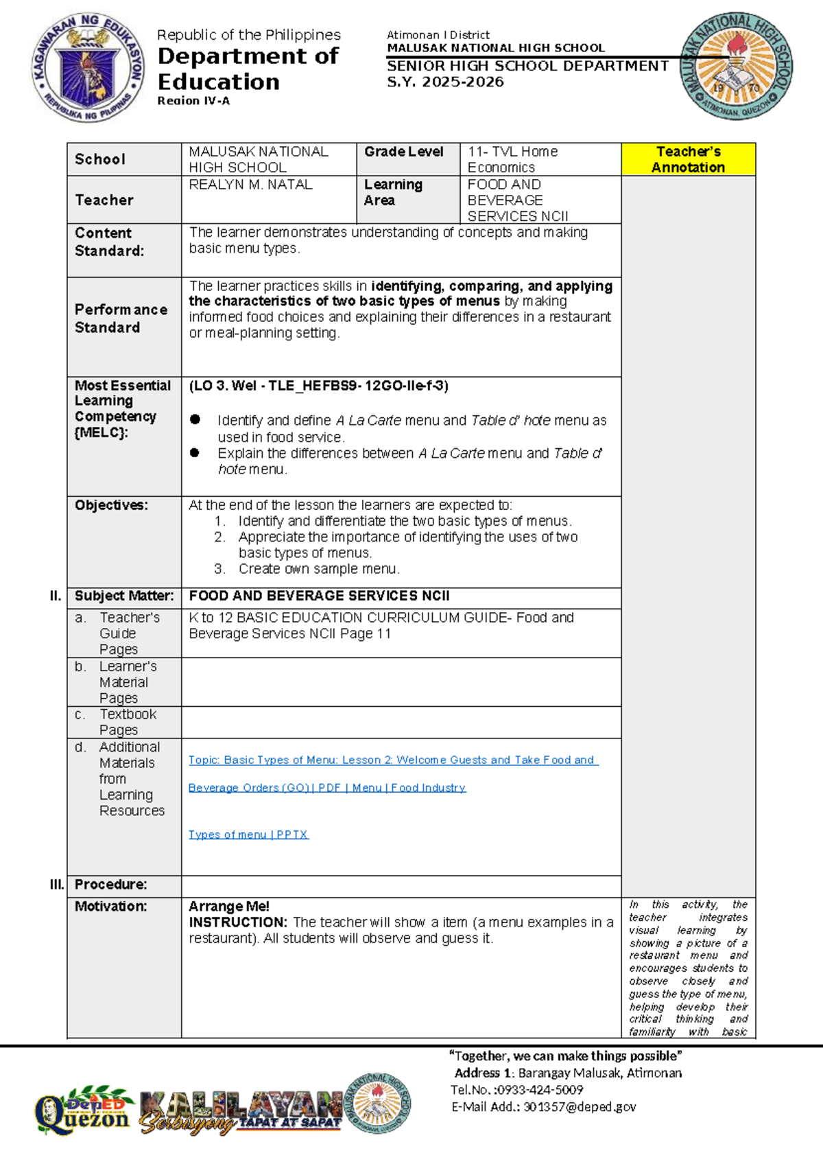 TVL Home Economics NCII: Lesson Plan on Menu Types and Guest Service ...