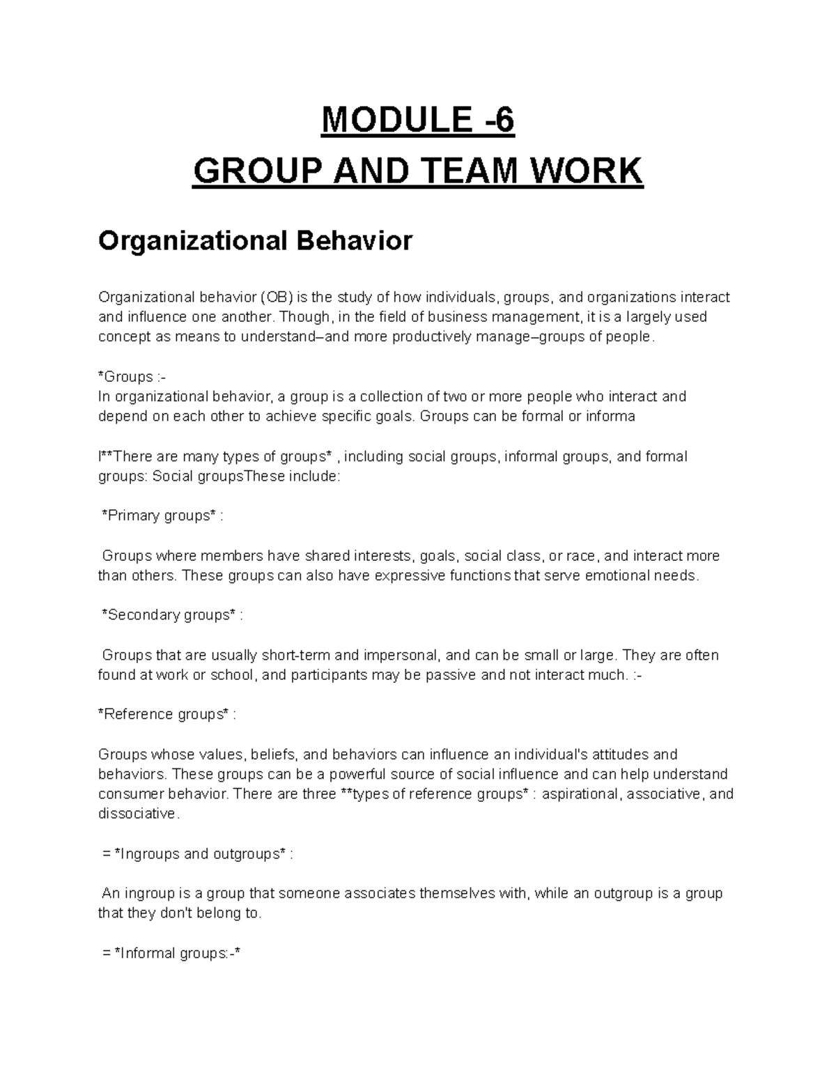 Module 6: Group and Team Work in Organizational Behavior - Studocu
