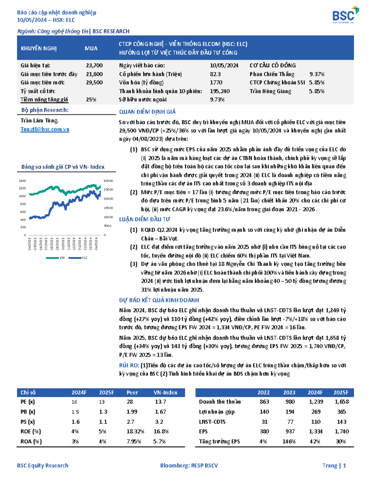 ELC - elc report - 10 / 05 /202 4 – HSX: ELC Chỉ số 202 4F 2025 F Peer VN-Index 2022 2023 202 4F ...