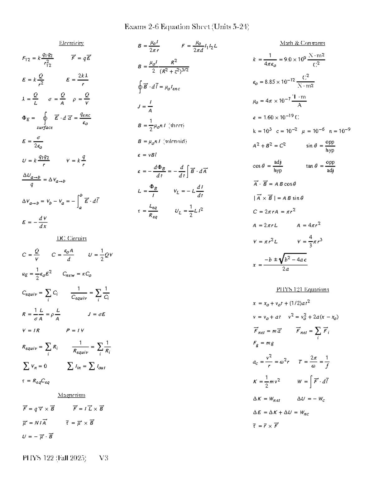 PHYS 122 Exam 2 Equation Sheet (Units 5-24) - Studocu