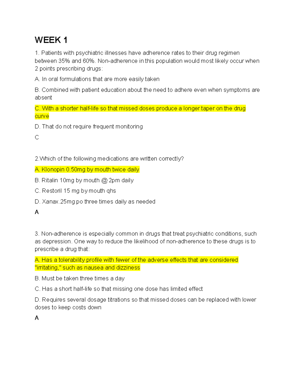 Week 1 Quiz: Psychiatric Medication Adherence & Ethical Principles ...