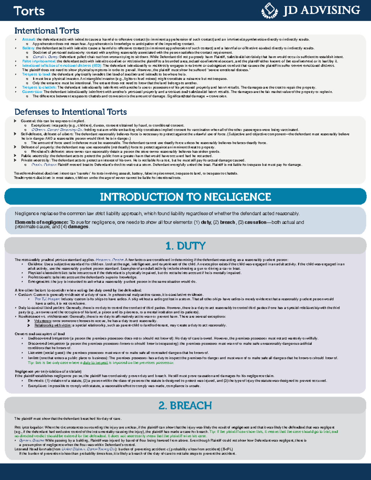 Torts Law Study Guide: Intentional Torts & Negligence Terms - Studocu