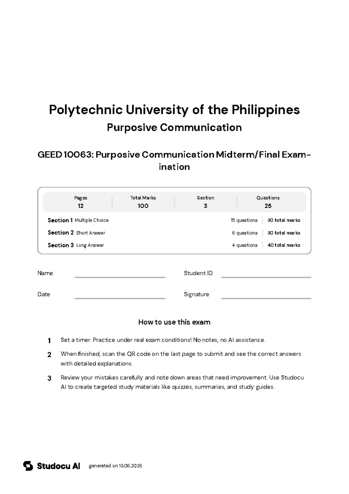 GEED 10063: Purposive Communication Midterm Exam - Studocu