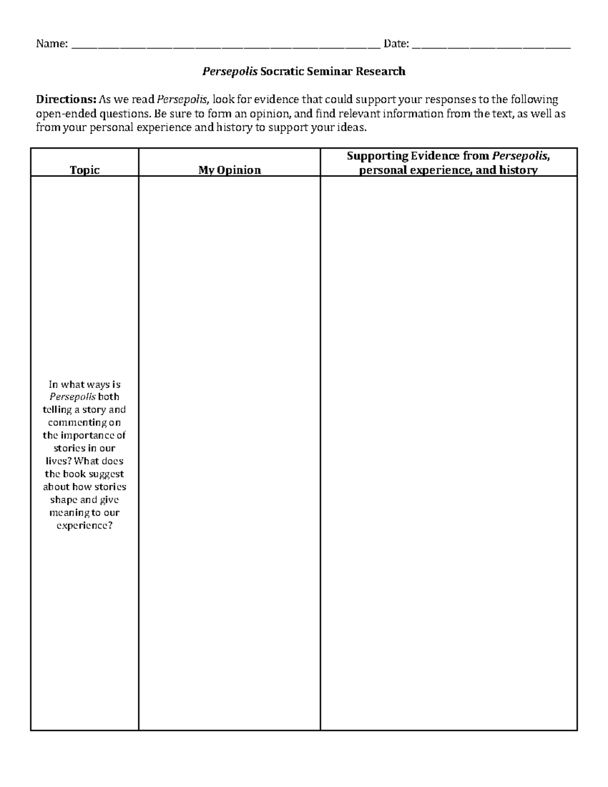 Persepolis Socratic Seminar Organizer - Google Docs - Name: - Studocu