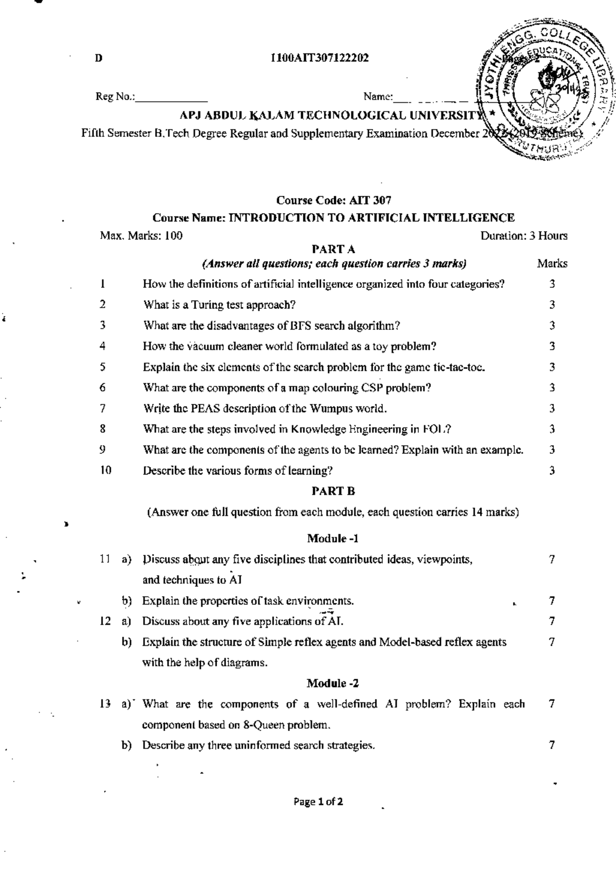 AIT 307 5th Sem Final Exam: Intro to Artificial Intelligence Dec 2022 ...
