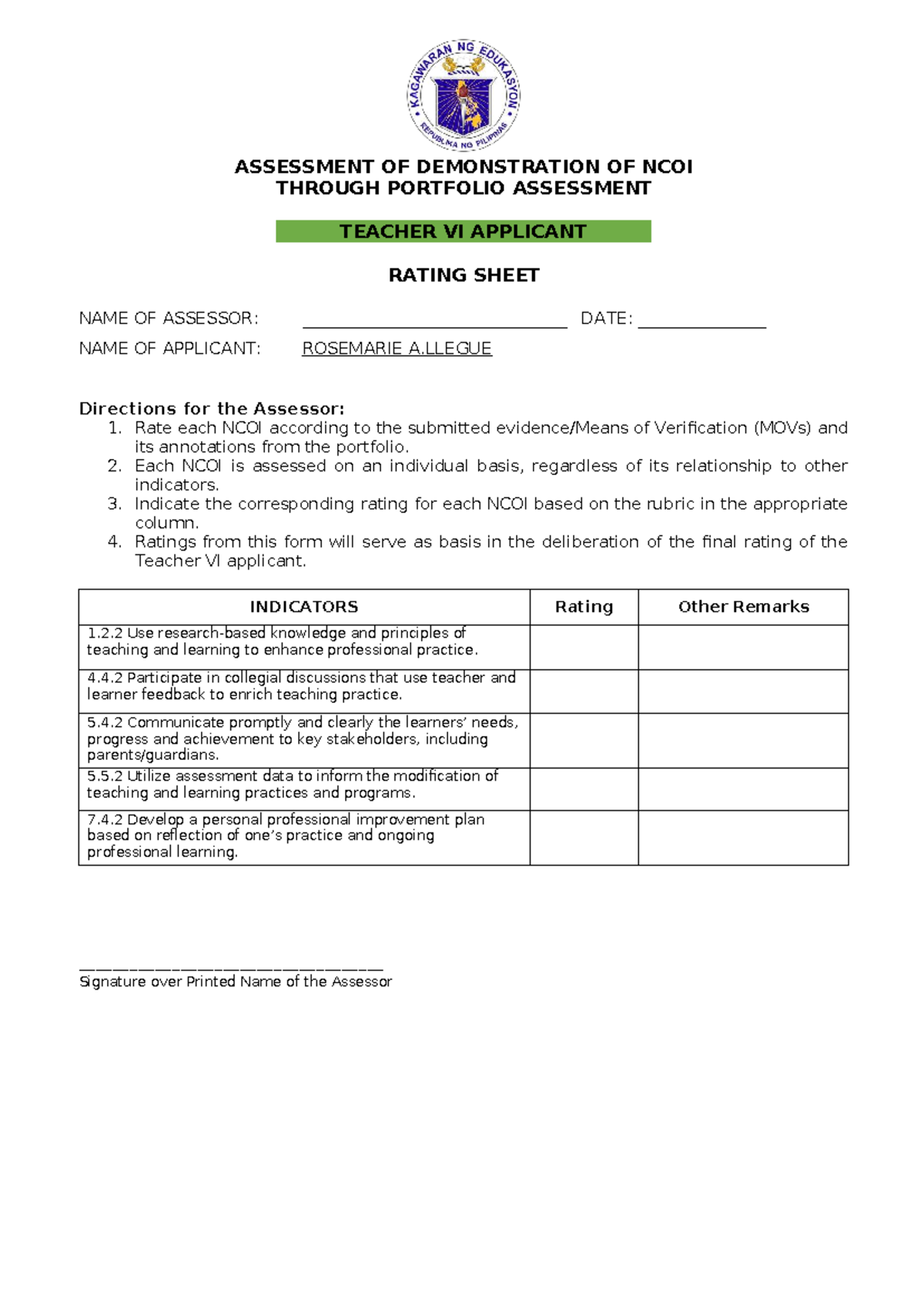 NCOI Portfolio Assessment Rating Sheet for Teacher VI Applicant - Studocu