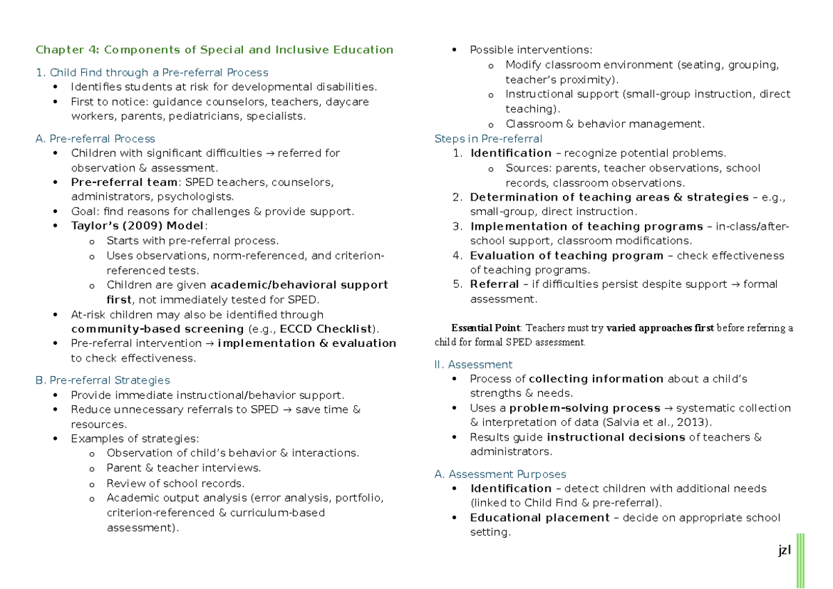 Midterm Notes: Chapter 4 - Components of Special & Inclusive Ed (EDU ...