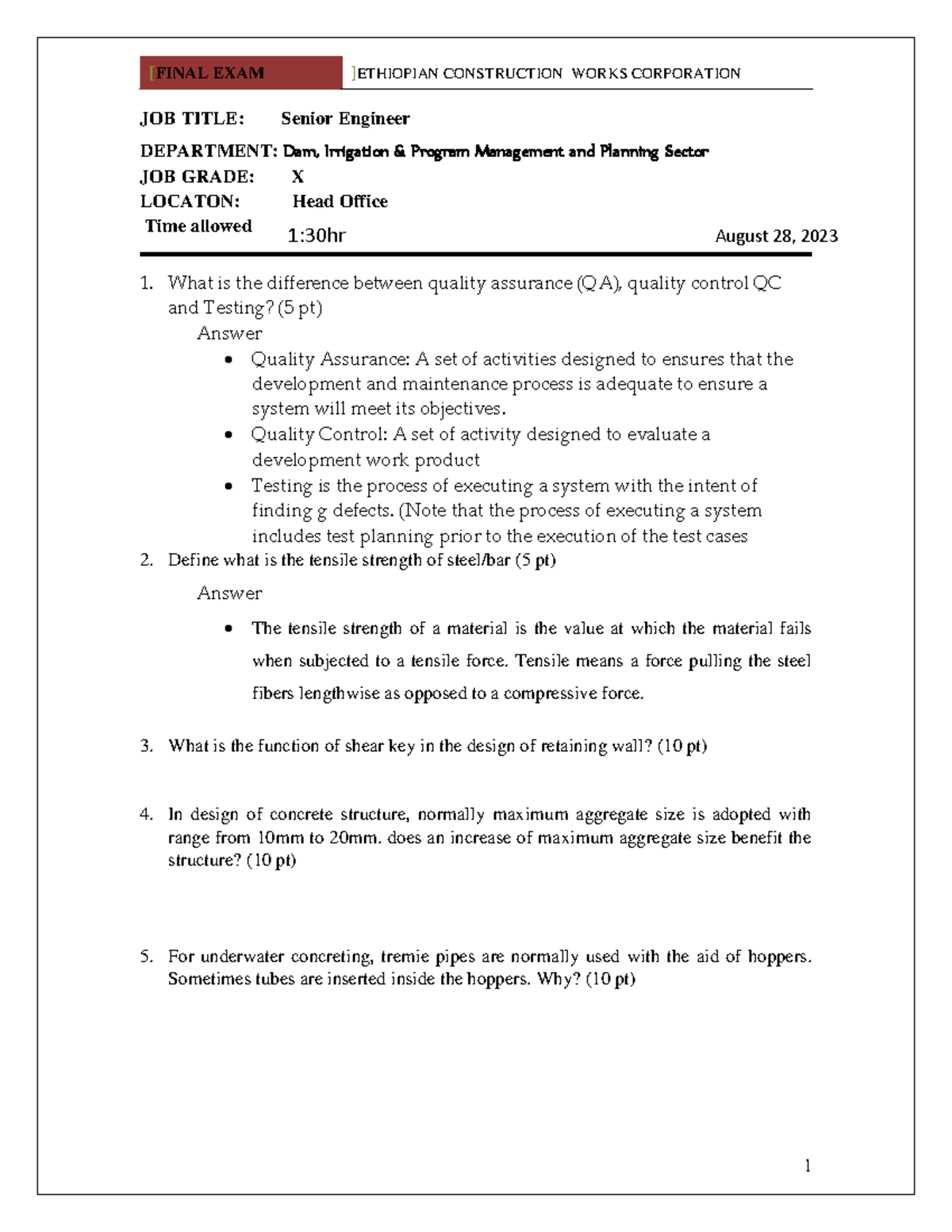 Senior Engineer Exam - Construction Works Corp (X) - Studocu