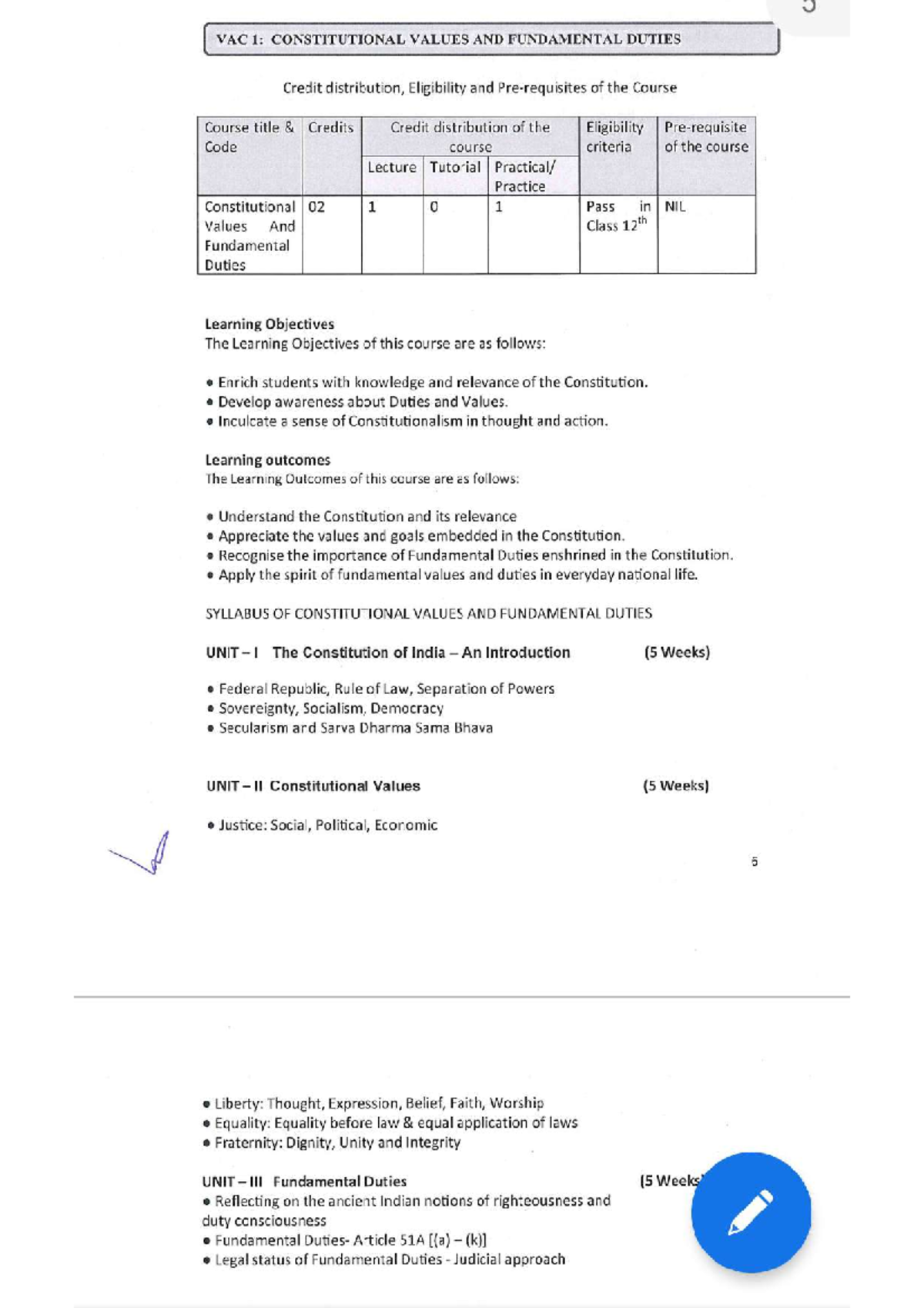 VAC 1: Constitutional Values & Fundamental Duties Overview - Studocu