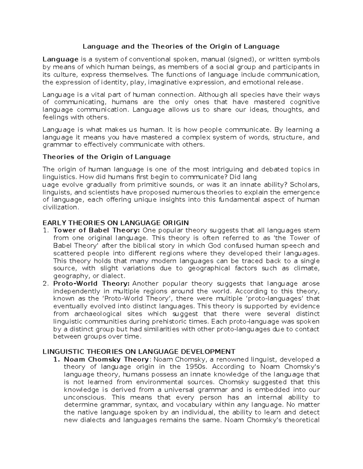 Theories of Language Origin: Insights and Perspectives - Studocu