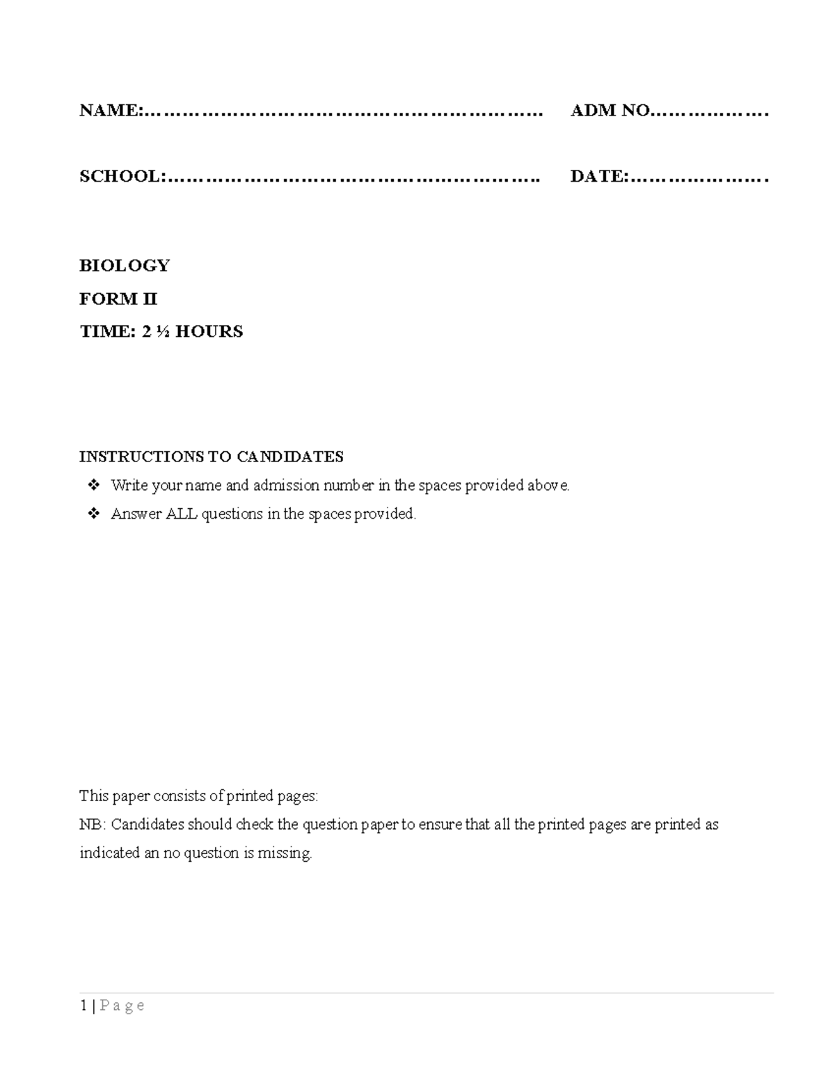 Biology Form II Exam Paper - ADM 2023 - Studocu
