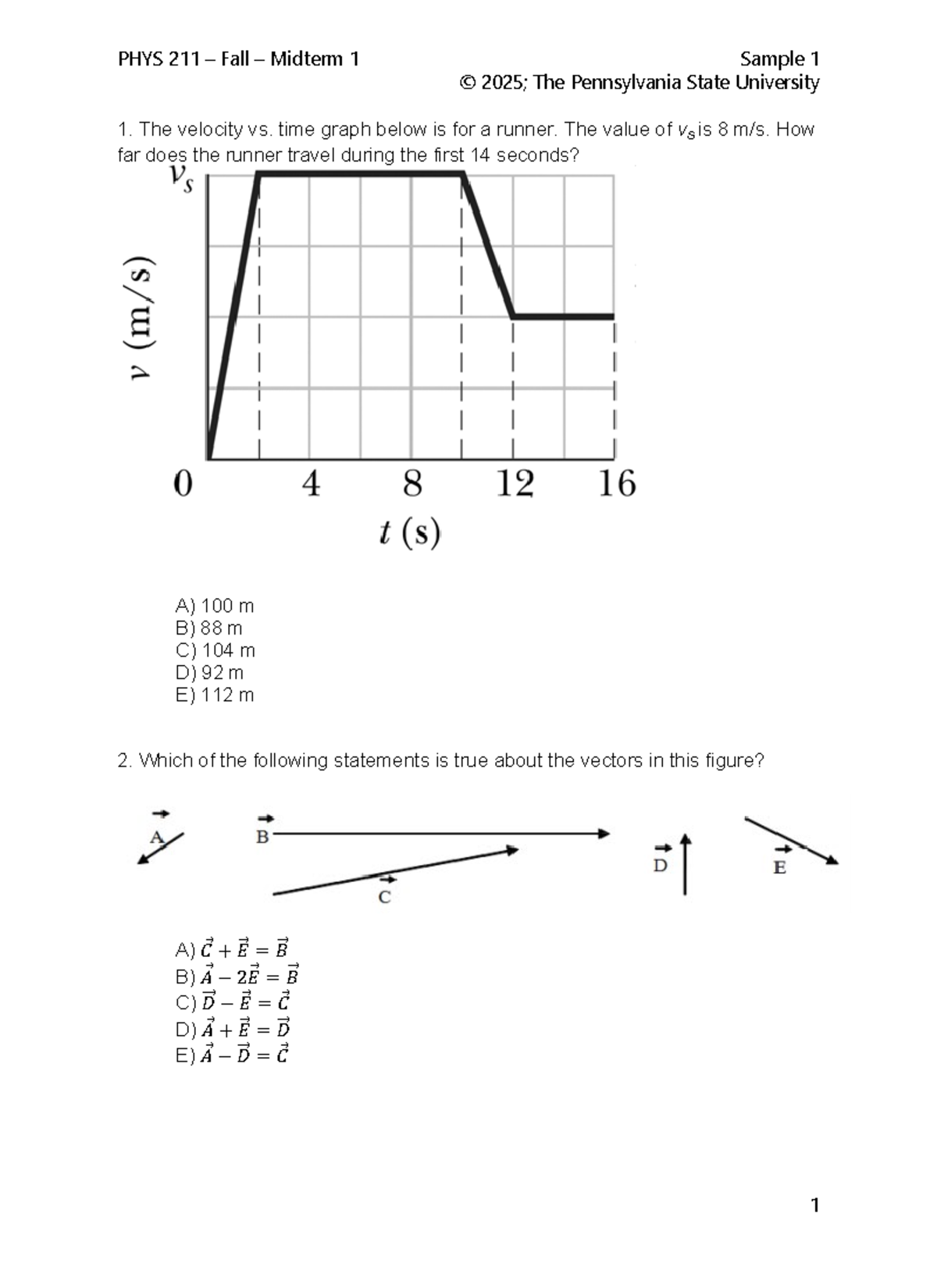 PHYS 211 Fall Midterm 1 Sample Questions & Solutions - Studocu