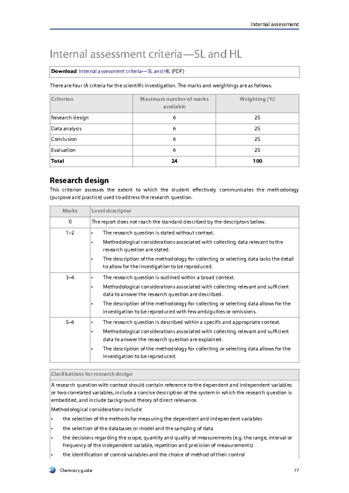 Internal assessment criteria - The marks and weightings are as follows ...