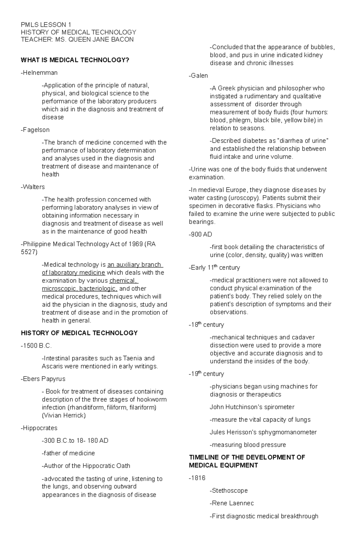 Lesson 1: History of Medical Technology - Teacher: Ms. Queen Jane Bacon ...