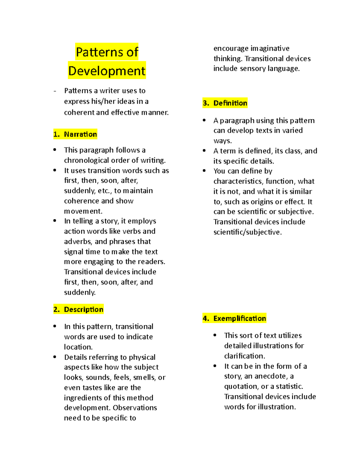 English 2 - notes - Patterns of Development Patterns a writer uses to ...
