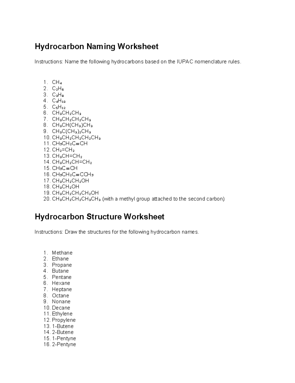 Hydrocarbon Naming & Structure Guide: IUPAC Nomenclature Worksheet ...
