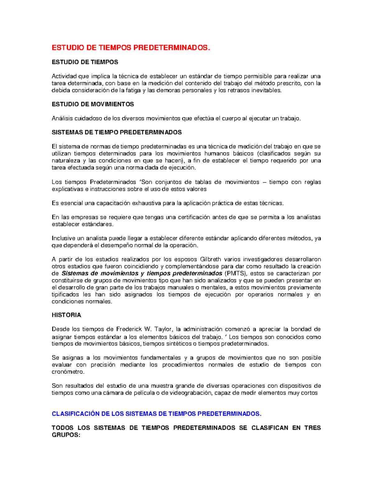Unidad 1 Sistema DE Tiempos Predet Alumno - ESTUDIO DE TIEMPOS PREDETERMINADOS. ESTUDIO DE ...