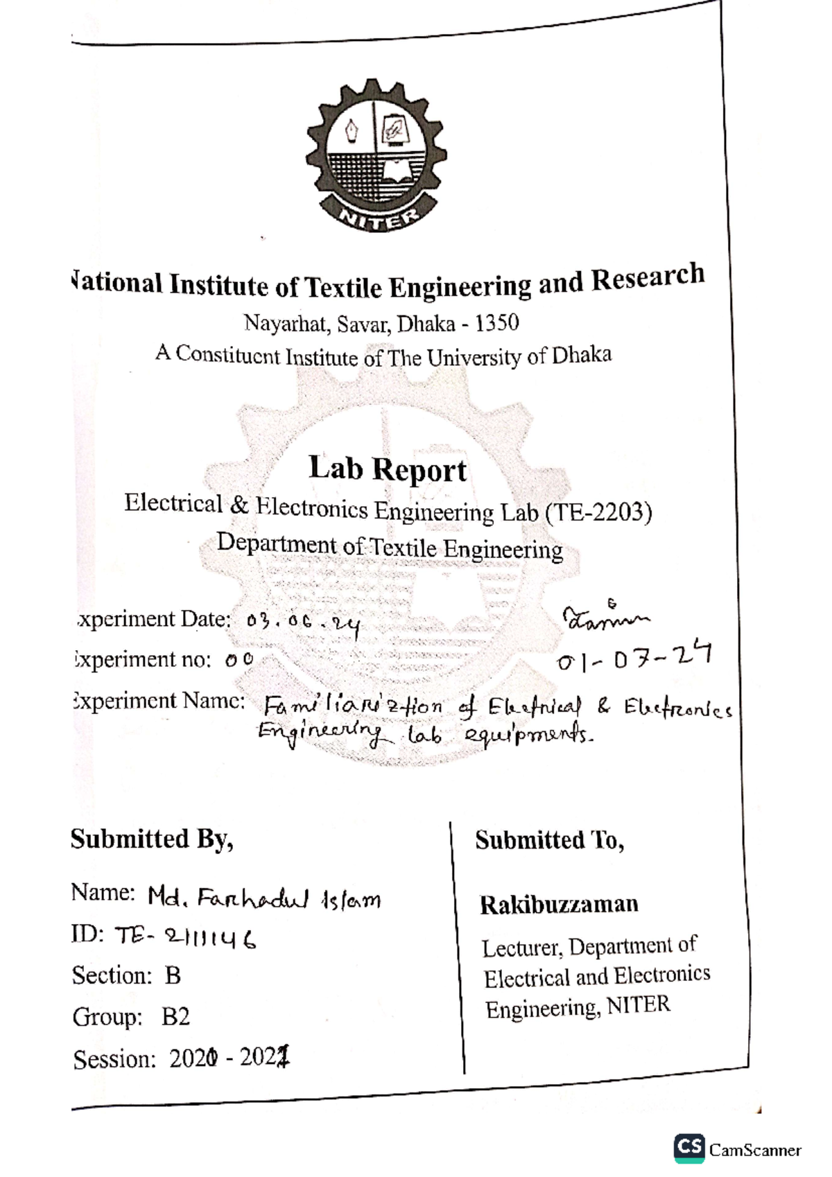 Lab report 01 - familiarization of electrical and electronic ...