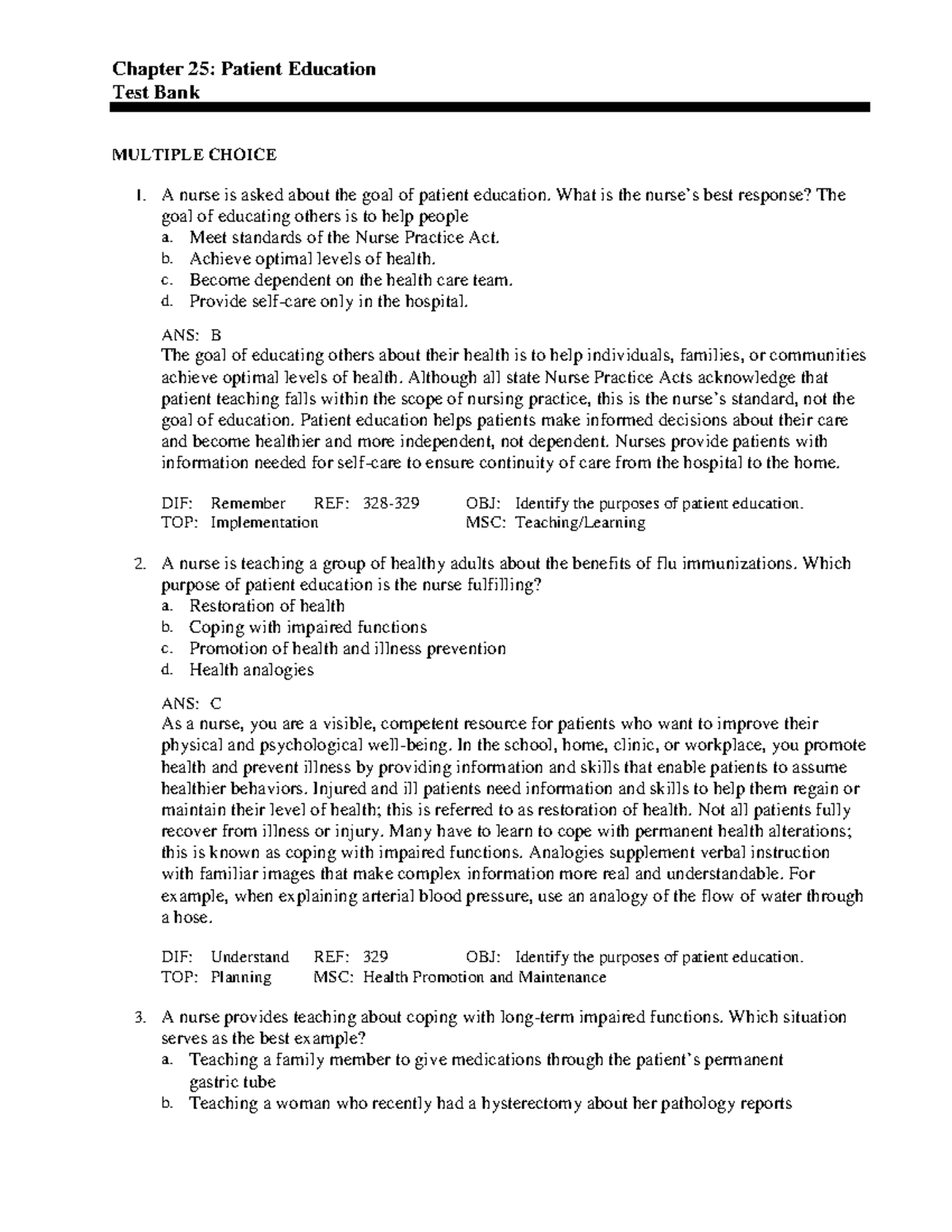 Chapter 25 - notes - Chapter 25: Patient Education Test Bank MULTIPLE ...
