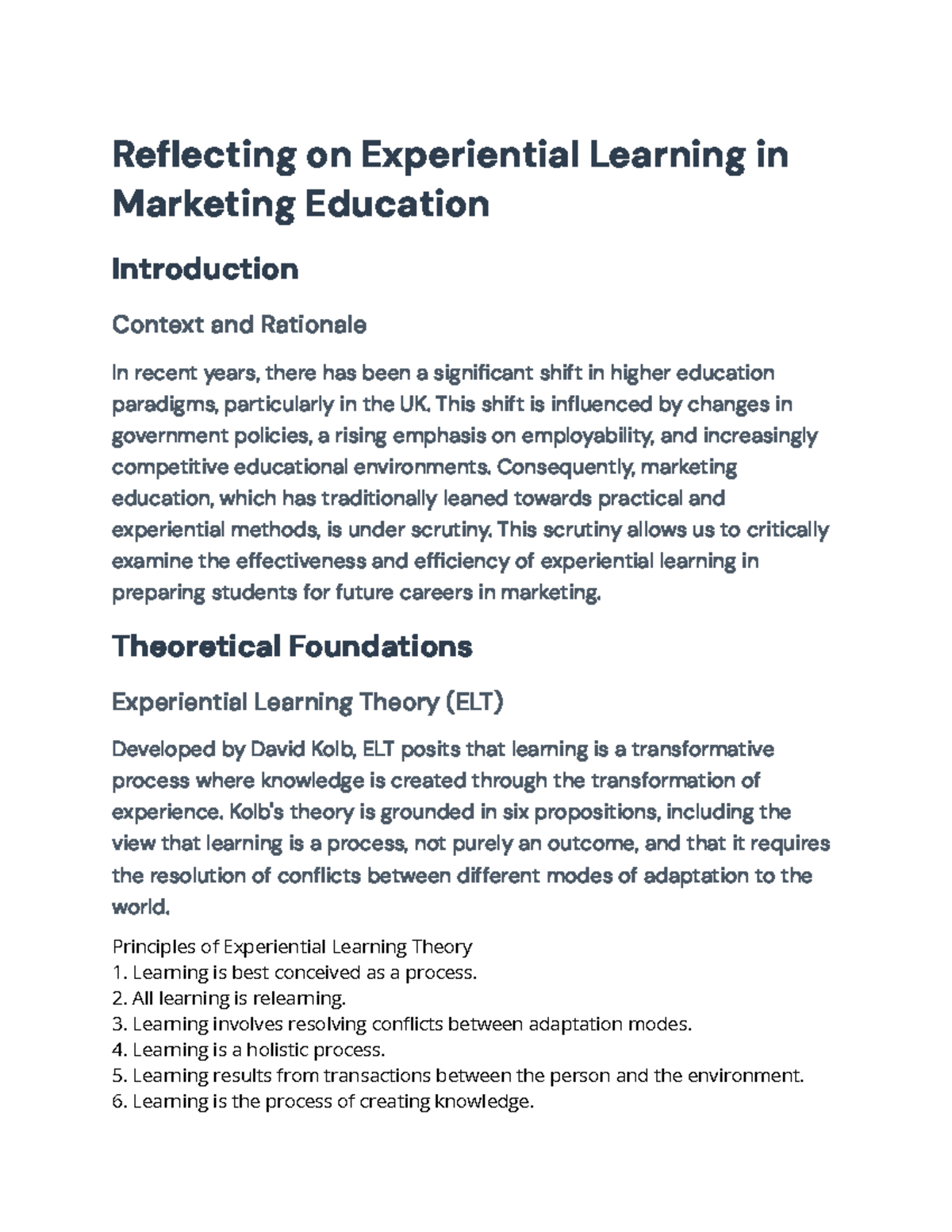 Reflecting on Experiential Learning in Marketing Education (Course Code) - Reflecting on - Studocu