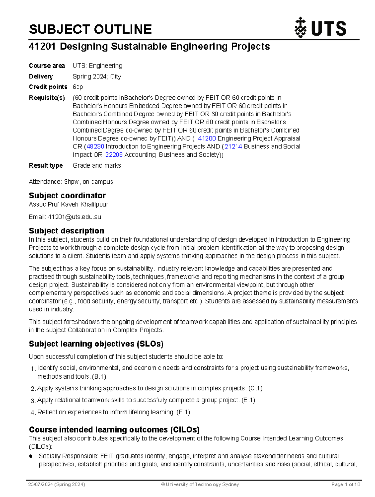 Subject Outline for 41201 Designing Sustainable Engineering Projects ...
