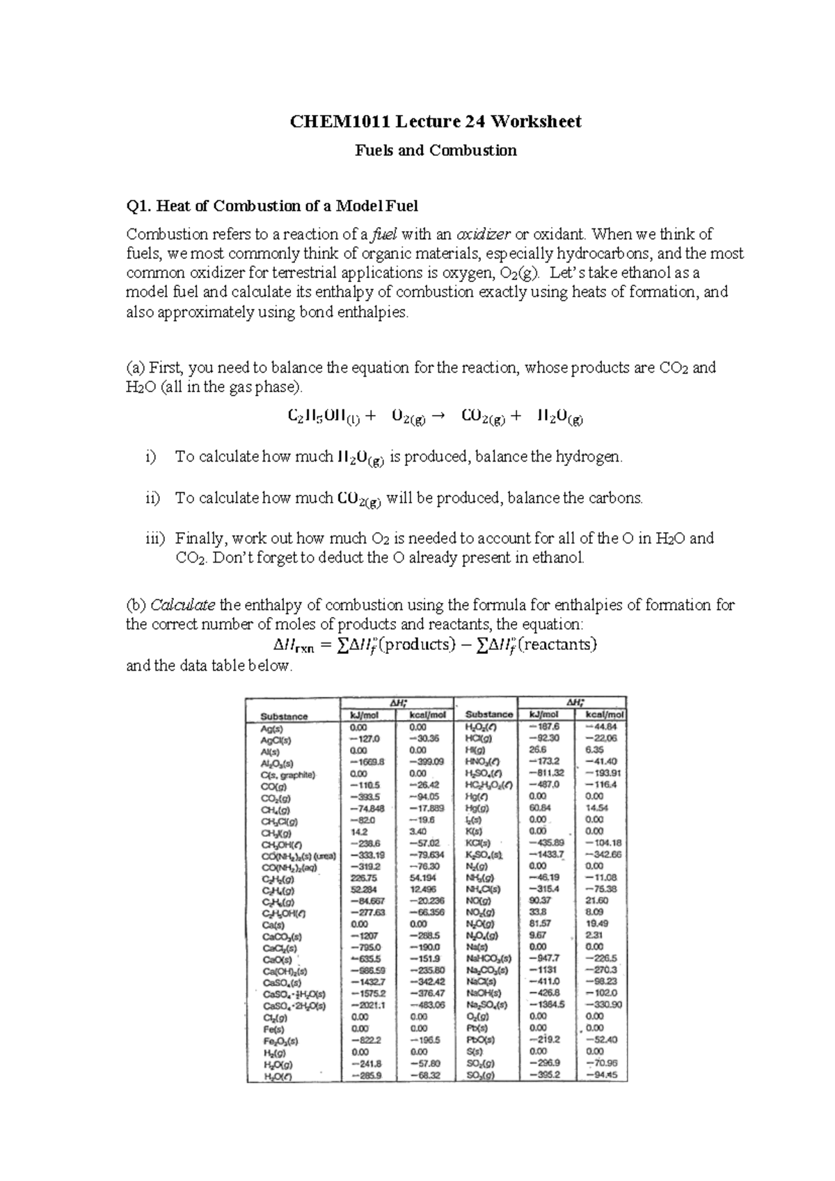 CHEM1011 Lecture 24 Worksheet: Fuels & Combustion Calculations - Studocu